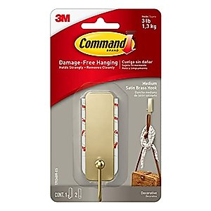Command Medium Decorative Wall Hooks, Damage Free Hanging Wall Hooks with Adhesive Strips, No Tools Wall Hooks for Hanging Decorations in Living Spaces, 1 Satin Brass Hook and 2 Command Strips