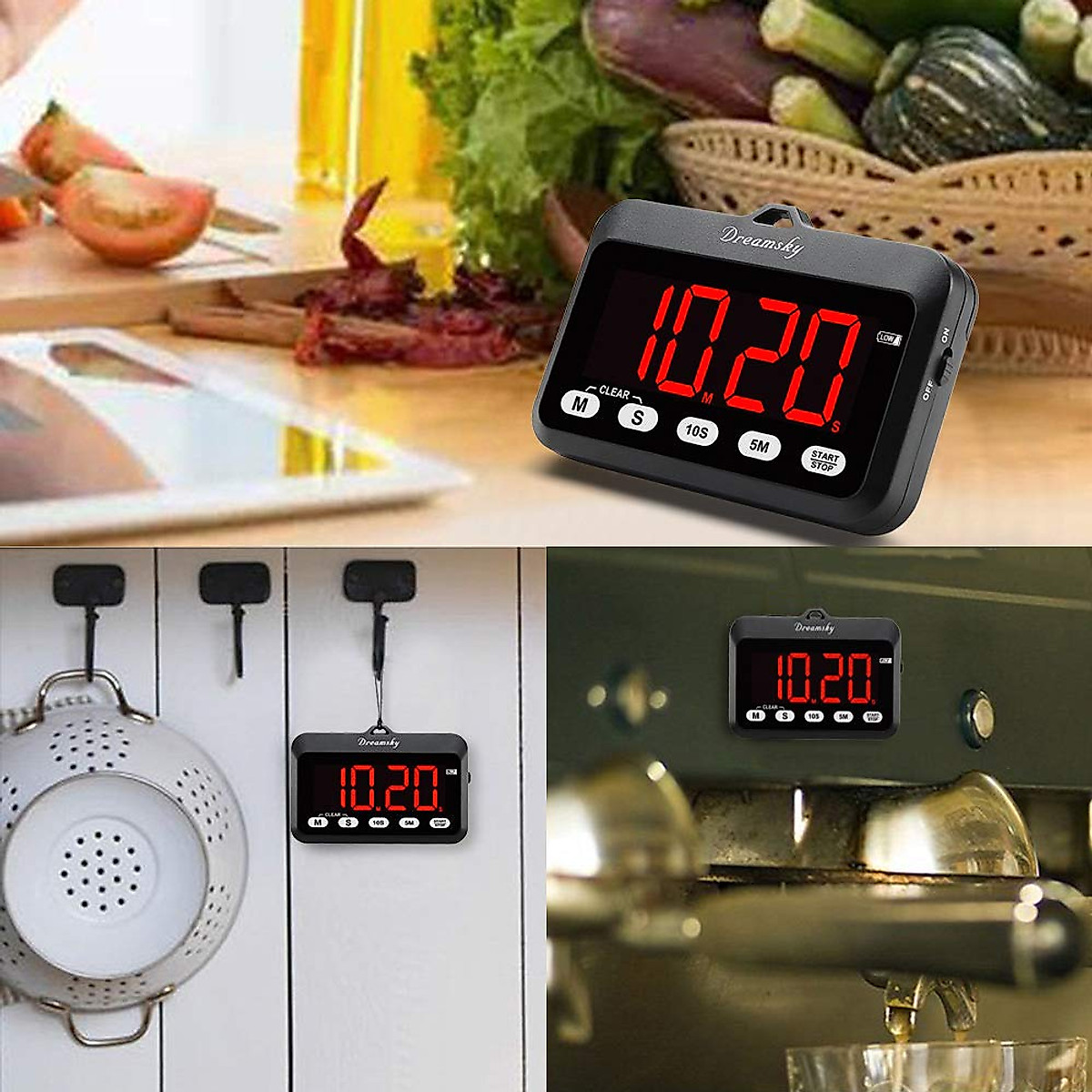 DreamSky Digital Kitchen Timer with Large Red LED Display, Count Up Countdown Timer for Classroom, Magnetic Digital Timer for Cooking/BBQ/Sports/Yoga, Battery Operated Timer with ON/Off Button