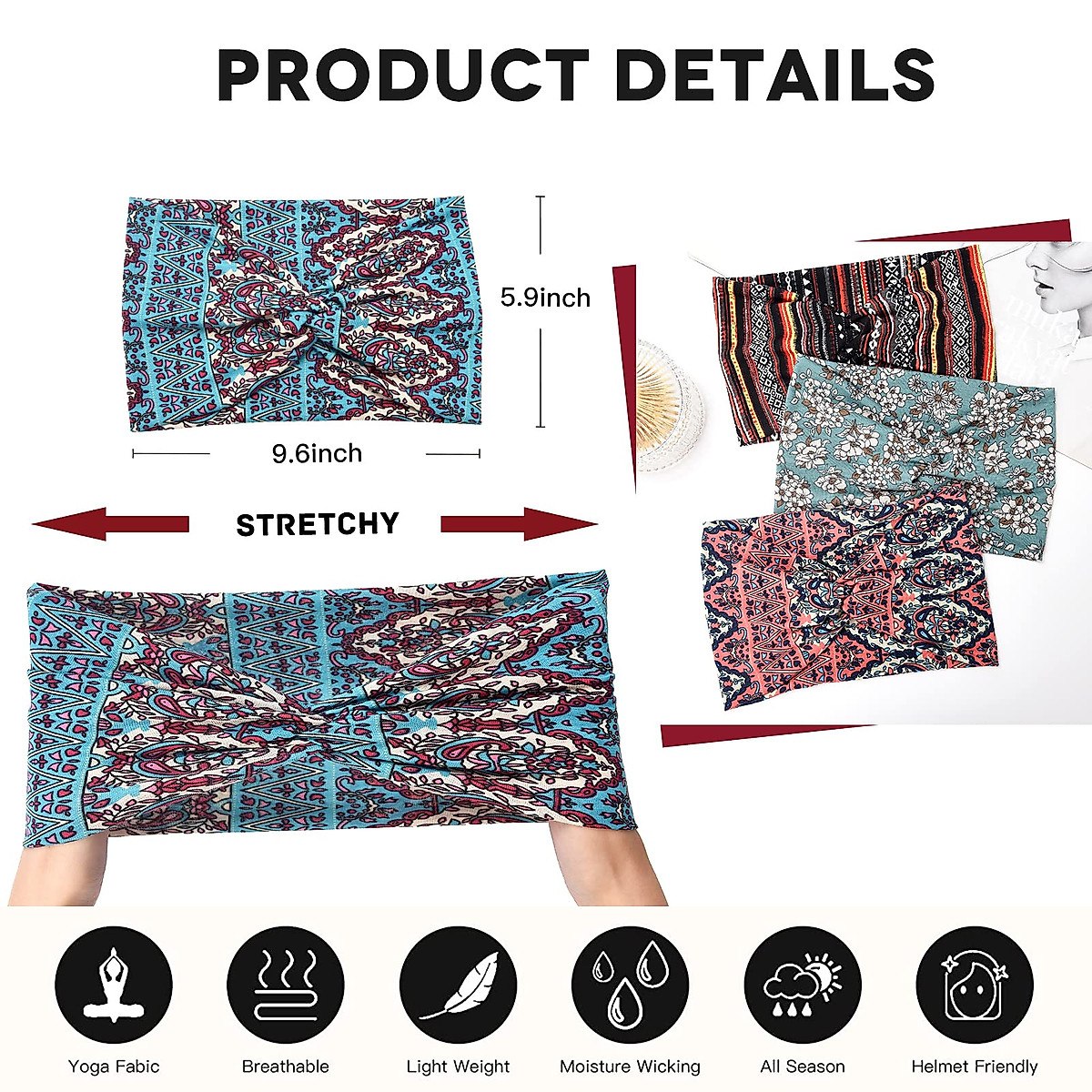 Carede Wide Boho Headbands for Women Extra Large Turban Headband Twisted Knot Head wraps Criss cross African Thick Bandana Headbands,Pack of 6