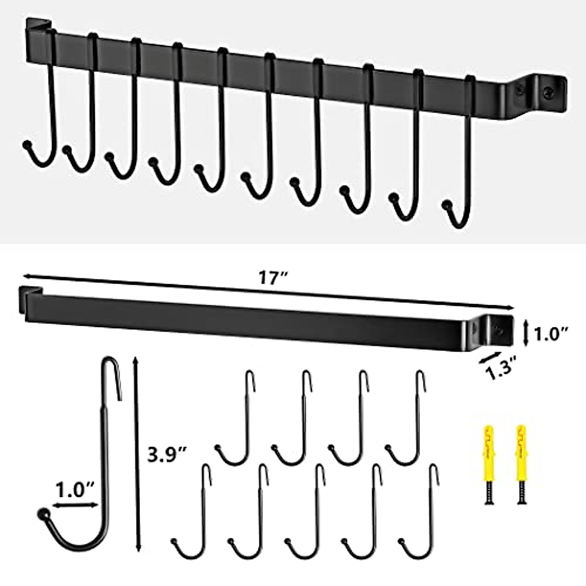 JEPRECO Kitchen Rail with 10 Hooks, Wall Mounted Iron Utensil Holder Hanging Pot Pan Rack Mug Cup Organizer,17 Inch Black