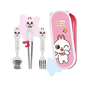 Edison Friends Spoon + Chopstick + Folk + Wide Case 4P Set for Right Hand Use, Rabbit, Soft Silicone Ring, Hygienic Stainless Steel