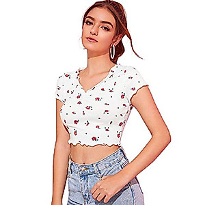 SweatyRocks Women's Basic Crop Top Short Sleeve Round Neck Tee T-Shirt (Small, White-1)