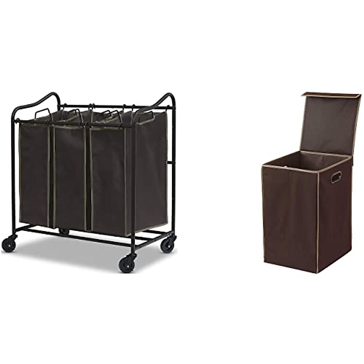 Simple Houseware Heavy Duty 3-Bag Laundry Sorter Rolling Cart + Foldable Laundry Hamper Basket with Lid, Brown