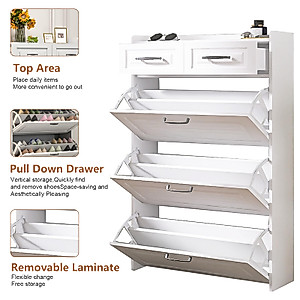 ODUWA Shoe Storage Cabinet with 3 Flip Drawers and 2 Storage Drawers,Easy to Store 18-25 Pairs of Shoes,White Wood Shoe Storage Cabinet for Entryway,Hallway,PVC Door with Shape