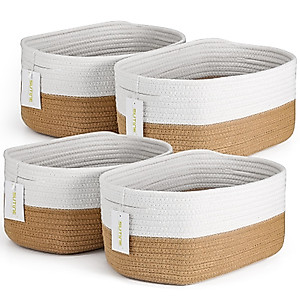 4 Pack Woven Storage Baskets for Organizing, Cube Cotton Rope Baskets for Storage with Handle, Rectangle Decorative Basket for Shelves Towels Clothes Books, Gift Basket Bins Toy Storage, Brown & White