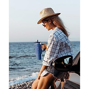 BUZIO 40oz Insulated Tumbler with Lid and Straw, Stainless Steel 40oz Tumbler with Handle, Cupholder Friendly Water Bottles, Vacuum Coffee Mug, Travel Flask, Keep Cold for 24 Hrs/Hot for 12 Hrs, Blue