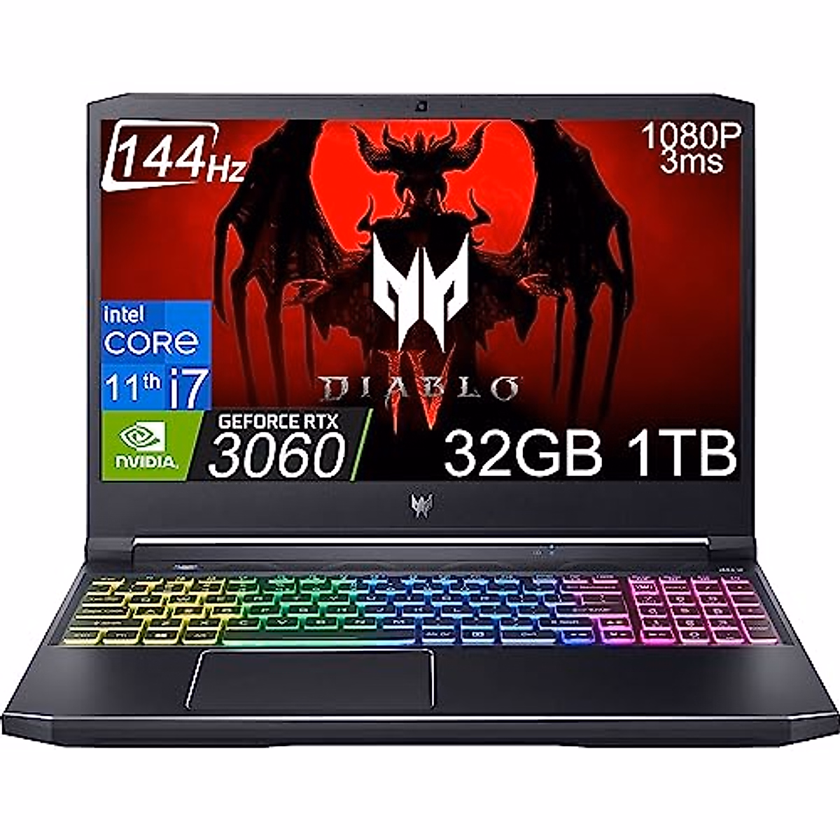 Acer Predator Helios 300 15.6" 144Hz FHD IPS (Intel 11th Gen i7-11800H, NVIDIA GeForce RTX 3060 6GB, 32GB DDR4 RAM, 1TB PCIe SSD + 1TB HDD) RGB Backlit Gaming Laptop, Webcam, WiFi 6, Win 11 Home