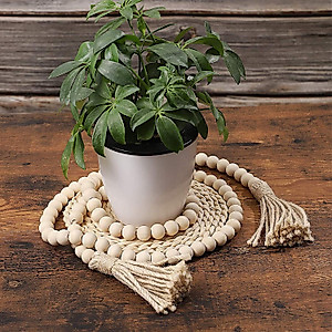 HCCY Wood Bead Garland 57" Farmhouse Country Beads with Tassles Wall Hanging Decor