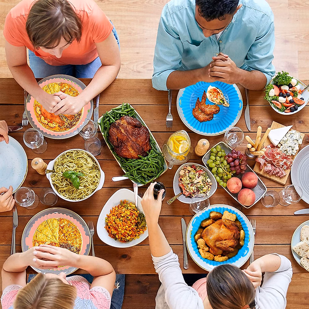 LOMSIOY 2 Pack Air Fryer Silicone Pot Reusable Round Air Fryer Oven Accessories with Handle Silicone Liner Tray Kitchen Accessories 8.4 Inch (Pink Blue)