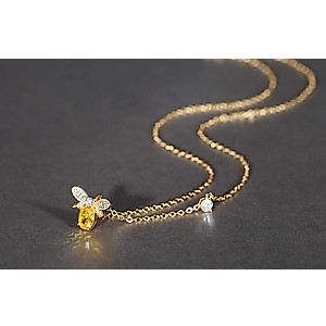 Hypoallergenic 14K Yellow Gold Dainty Cute Amber Lovely Tiny Honey Crystal Cubic Zirconia Bee Pendant Necklace for Women Teen Girls