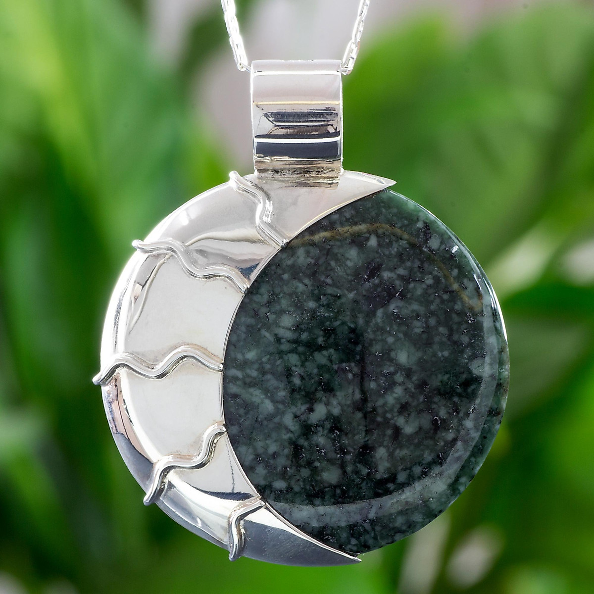 NOVICA Artisan Handmade Jade Pendant Necklace Light Dark Green Reversible Silver Sterling Guatemala Sun Moon Gemstone [necklace Length 18 in L Necklace Width 2 mm W Pendant(s) 1.7 in L x 1.3 in W x 0]