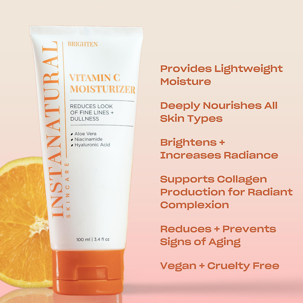 InstaNatural Vitamin C Moisturizer Face Cream, Brightens and Reduces the Look of Fine Lines and Wrinkles, Moisturizing Lotion for Dry Skin, with Hyaluronic Acid, 3.4 FL Oz