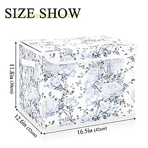Storage Basket Light Blue Flowers Storage Boxes with Lids and Handle, Large Storage Cube Bin Collapsible for Shelves Closet Bedroom Living Room, 16.5x12.6x11.8 In