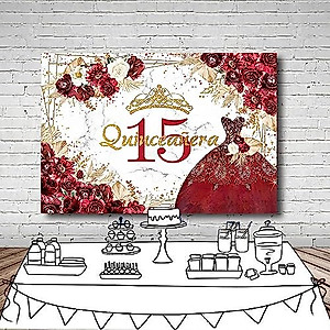 MEHOFOND 10x7ft Boho Floral Quinceanera 15th Birthday Backdrop for Girls Red Flowers Pampas Grass Mis Quince Anos 15th Birthday Party Decorations Photography Background Gold Glitter Dots Crown Banner