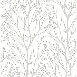 NuWallpaper NU2394 Treetops Peel Stick Wallpaper, White & Off-White