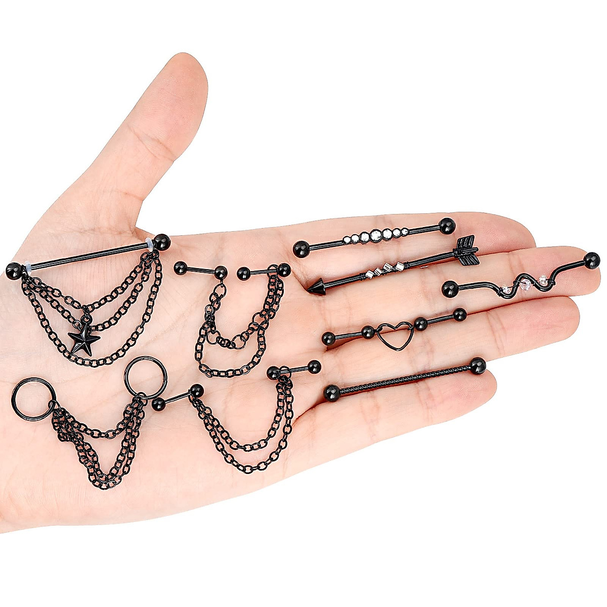 Longbeauty 14G Industrial Barbell Earrings with Chain Surgical Steel Dangle Industrial Bar Piercing Jewelry Cartilage Helix Industrial Earrings for Women Men