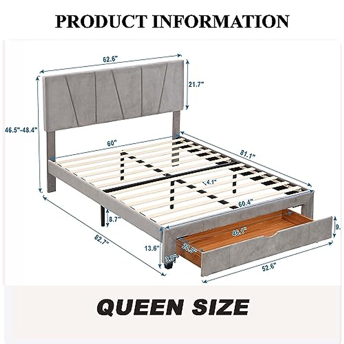 Queen Size Platform Bed Frame with Drawer & Adjustable Headboard, Platform Bed with Sturdy Wooden Slats Support, No Box Spring Needed, for Family Bedroom Small Living Space Boys Girls(Queen, Gray)
