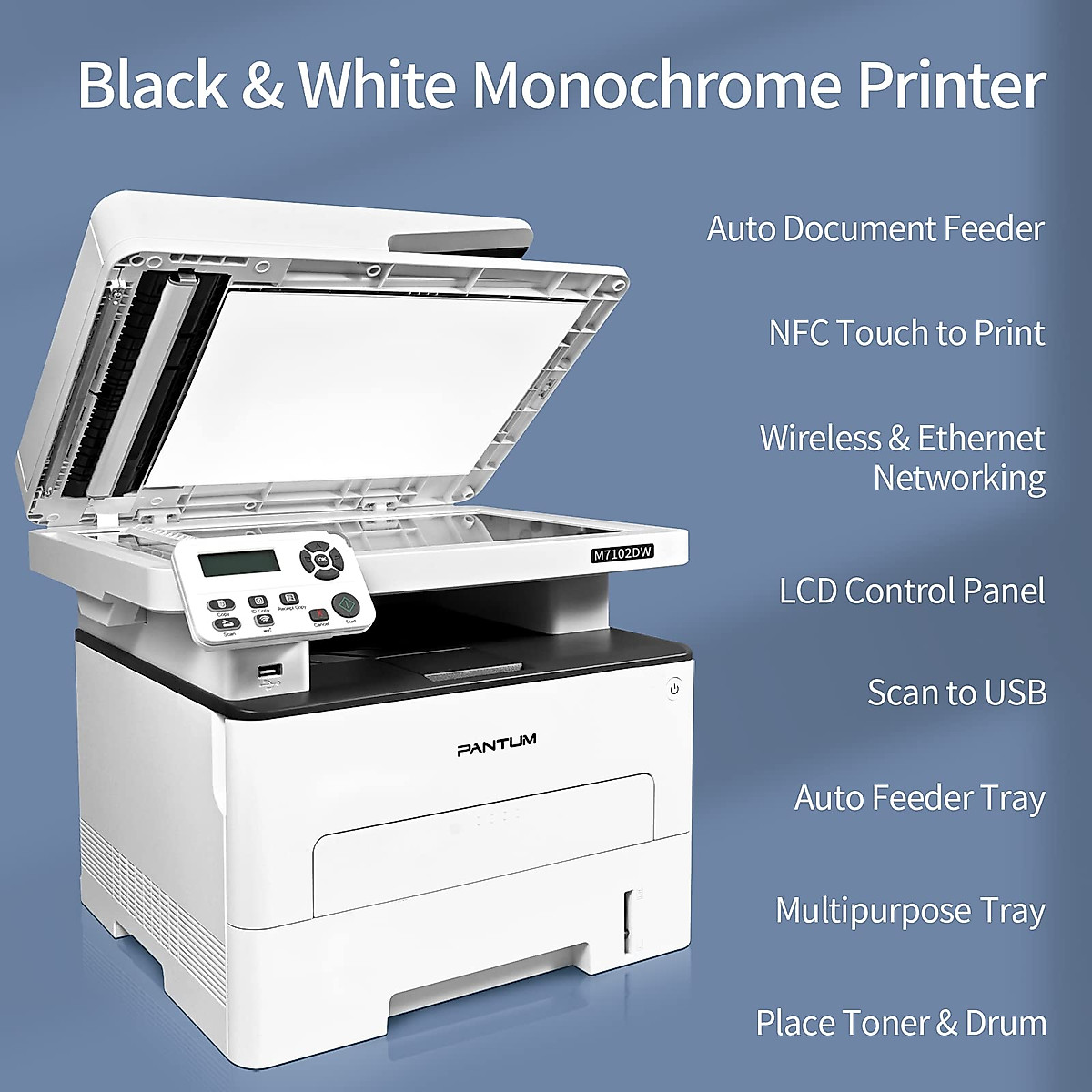 Pantum M7102DW Monochrome Wireless All-in-one ADF Multifunction Laser Printer, Auto Duplex, Copy＆Scan(W5G63B) with TL-410H