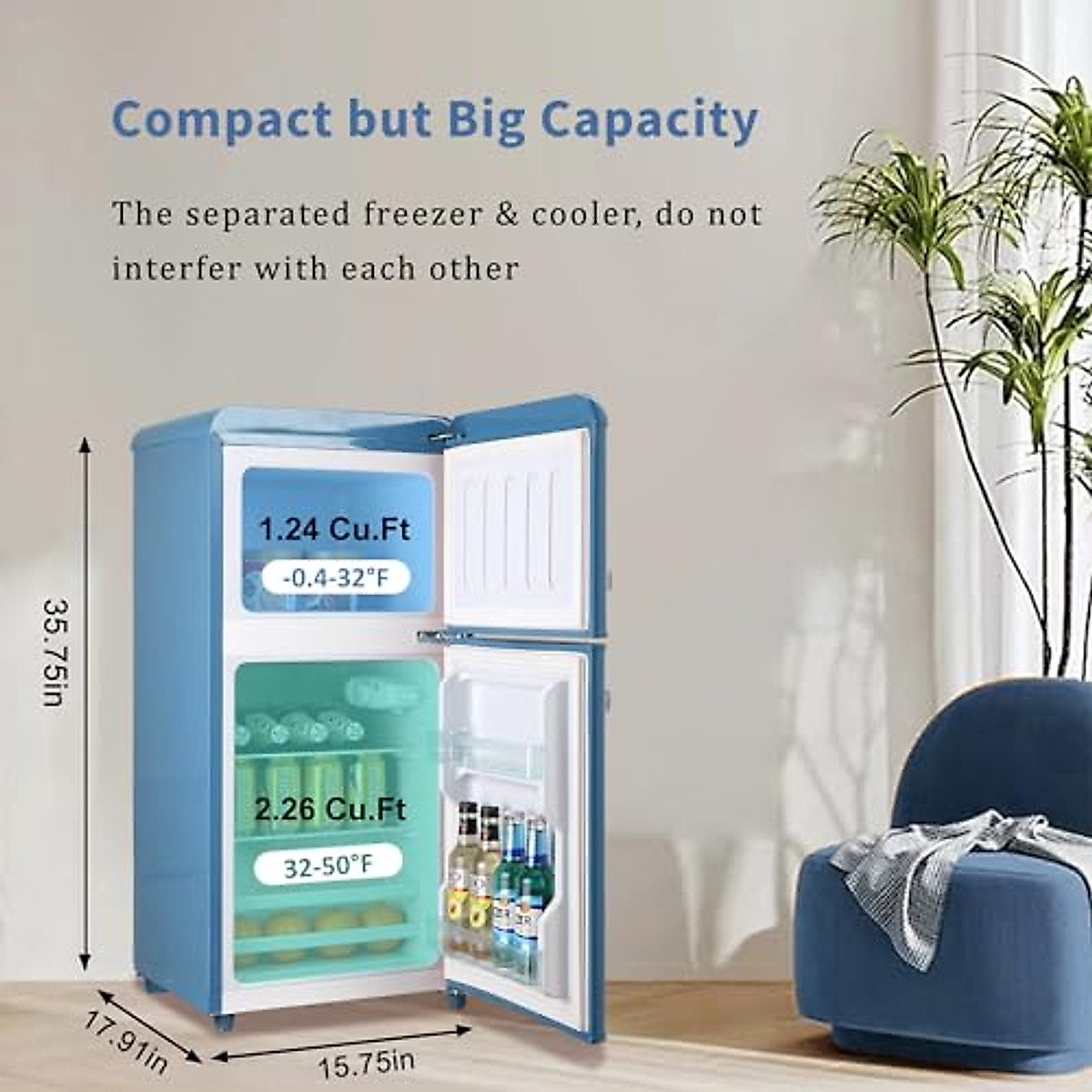 AXUTL Retro Mini Fridge Refrigerator with Freezer Bedroom Dorm Blue 3.5 Cu.ft Compact Small for RV Apartment 2-Door Design
