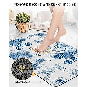 Gogobebe Super Absorbent Diatom Mud Mat Abstract Polypropylene Vintage Texture Blue White Quick-Drying Thin Bath Mat Non-Slip Bathtub Mat Anti-Skid Rubber Bathroom Shower Mat 20x32in