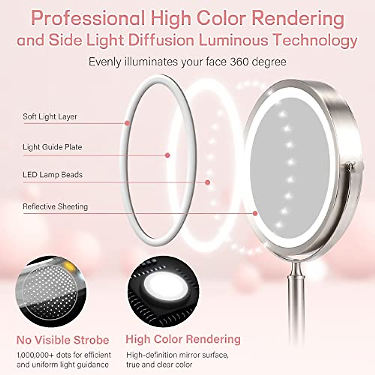 VESAUR 8" Rechargeable Lighted Makeup Mirror, 1X/10X Magnifying Mirror with 3 Colors 50 LED Lights, Touch Screen Brightness Adjustable, Removable Travel Vanity Mirror 360° Rotation, Senior Nickel