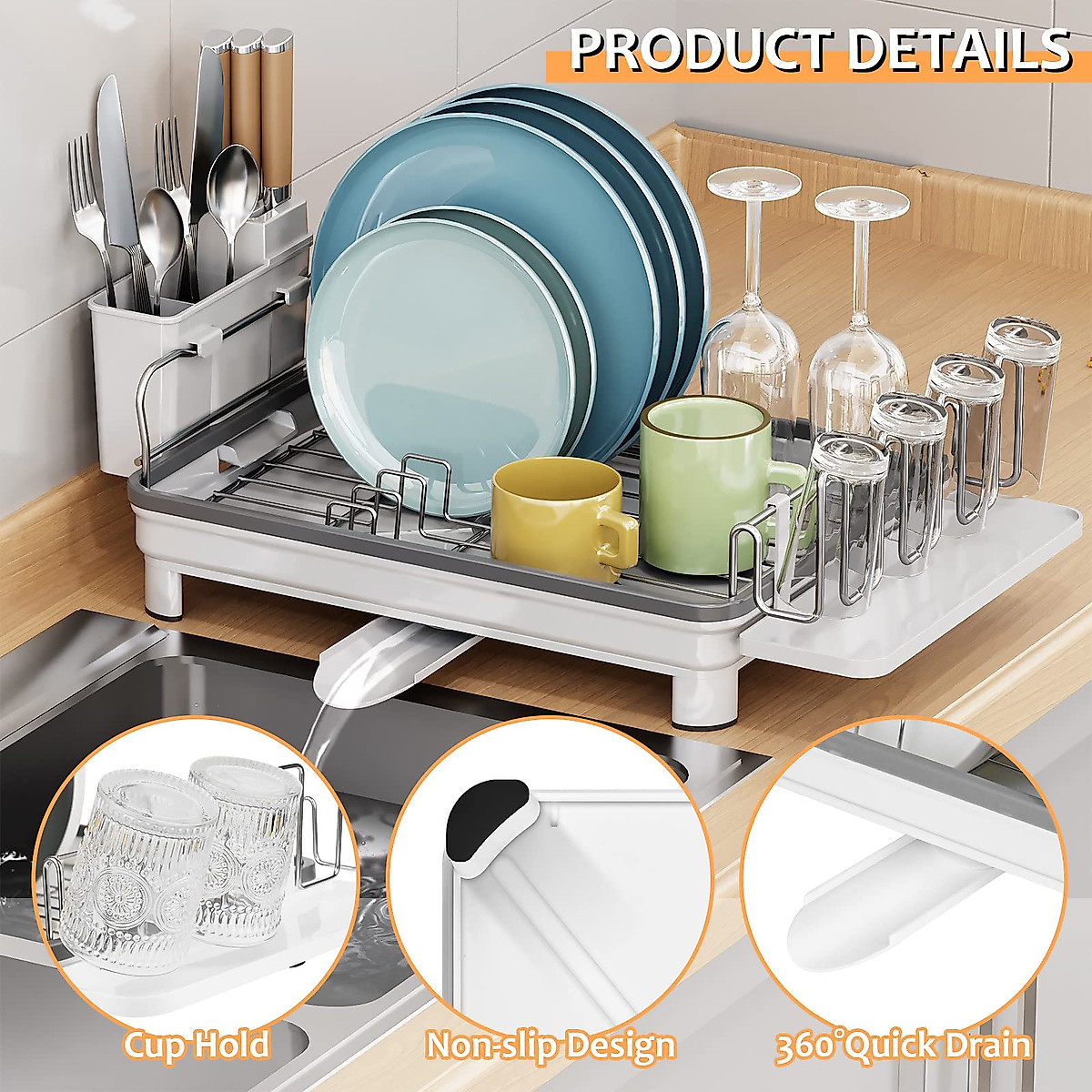 Claosmlda Dish Drying Rack, Dish Rack with Removable Utensil Holder, Multifunctional Stainless Steel Dish Racks for Kitchen Counter with Drainboard and Swivel Spout for Various Kitchenware(White)