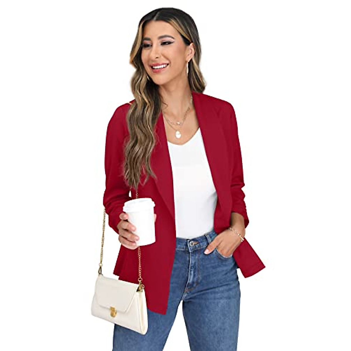 ONLYSTORY Womens Blazer Jackets for Women 3/4 Ruched Sleeve Work Casual Lightweight Blazer with Pockets Red-18