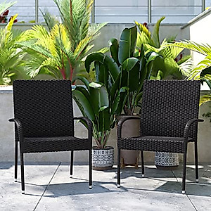 Flash Furniture Maxim Indoor/Outdoor Wicker Dining Chairs with Fade & Weather-Resistant Steel Frames for Patio and Deck, Set of 2, Black