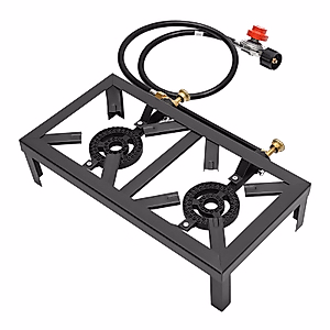 Portable Double Burner Outdoor Gas Stove Cast Iron Propane Cooker with Adjustable 0-10Psi Regulator Hose for Patio Camping, BBQ, Home Brewing,Tailgating, Hiking, Maple Syrup Prep
