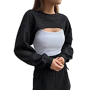 Verdusa Women's Crop Cover Up Long Sleeve Pointelle Knit Hollow Out Crochet See Through Knit Top Black M