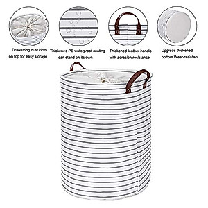 FRIENDIY Large Laundry Hampers (9 Colors), Removable Laundry Basket,foldable fabric laundry basket, drawstring waterproof round cotton linen storage basket. (White Strips, Thickened 19"/Large)