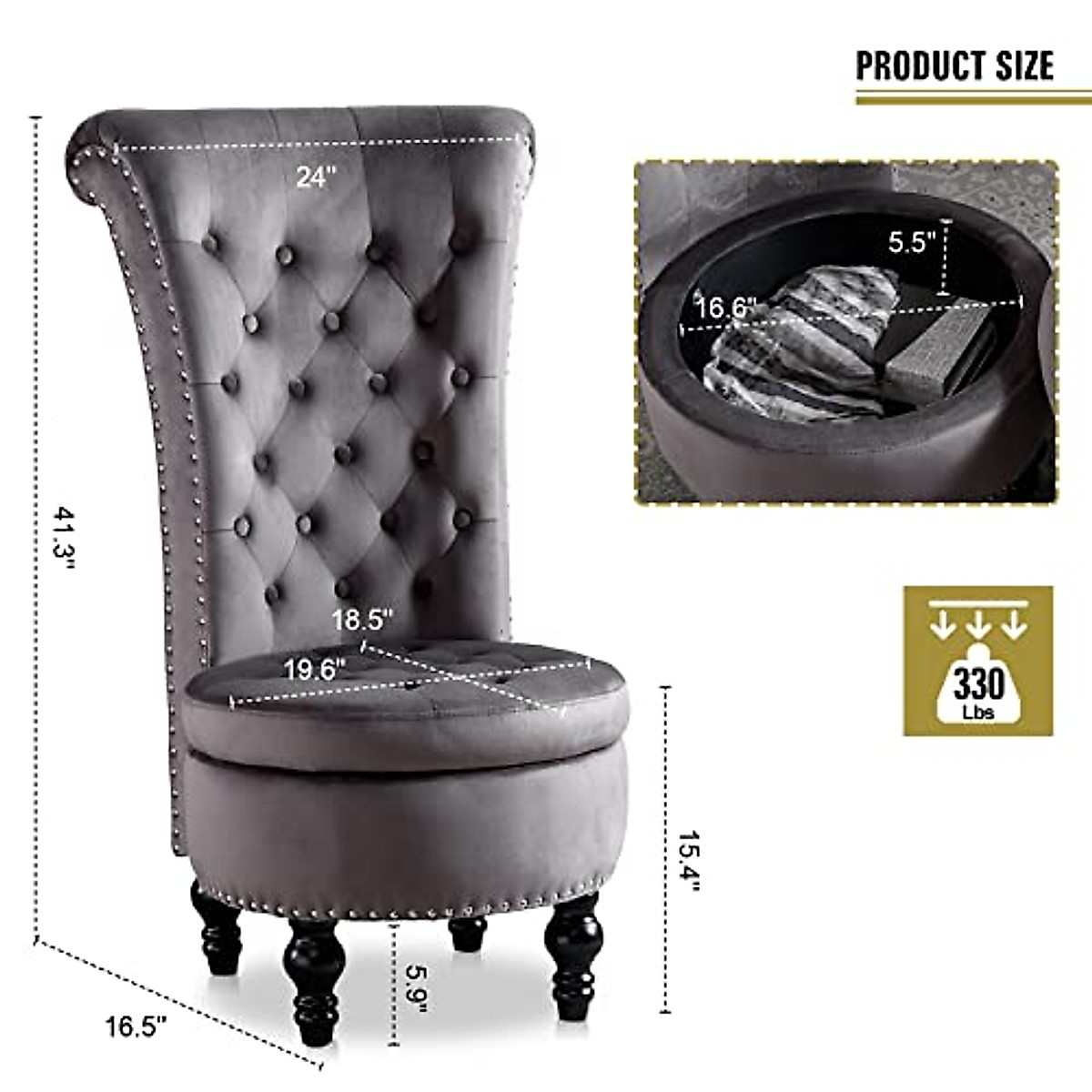 Icoget Gothic Queen of Throne Chair, Velvet High Back Chair w/Nailhead Trim, Button-Tufted Upholstered Royal Retro Accent Chair w/Rubberwood Legs and Storage Space for Living Room, Grey