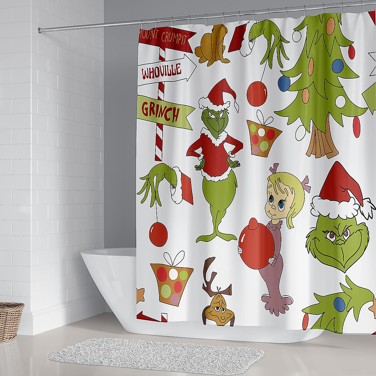 Teunix 4 Pcs Christmas Shower Curtain Set with Non-Slip Rugs, Toilet Lid Cover and Bath Mat, Christmas Decor for Bathroom, Christmas Bathroom Home Decorations with Hooks 71'' x 71'' (White)