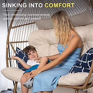 Sundale Outdoor Egg Chair, Rocking Double Egg Chair Outdoor Indoor, 2 Person Egg Loveseat Chair for Patio Balcony Porch Backyard (Beige)