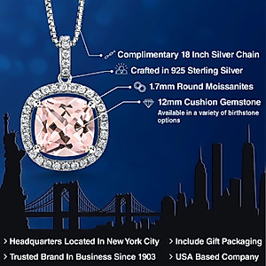 Gem Stone King 925 Sterling Silver 12MM Cushion Gemstone Birthstone and White Moissanite Necklace | Halo Pendant Necklace for Women | With 18 Inch Silver Chain