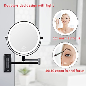 Keilefo Wall Mounted Makeup Mirror 10X Majnifying Mirror LED Light Dimmable Touch Screen, USB Charge, Extendable Double Sided Vanity Mirror 8 Inch, Black
