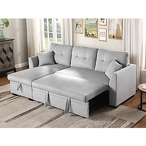BEEY Small Sleeper Sofa, 82" Convertible L Shaped Couch with Pull Out Bed and Storage Chaise, Corduroy Sectional Sofa Bed for Bedroom, Living Room, Apartment, Light Grey