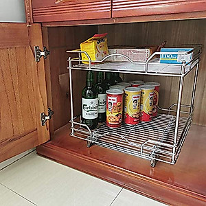 OCG Pull Out Drawer Cabinet Organizer（20" W x 18" D x 16.4" H, 2 Tier Heavy Duty Slide Out Kitchen Cabinet Storage Shelves, Sliding Drawer for Cabinet, Wire Frame, Chrome Finish