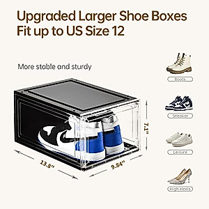 Amllas 10 Pack Shoe Boxes Stackable,Upgraded Sturdy Shoe Storage Boxes with Clear Magnetic Door,Multifunctional Sneaker Storage, Shoe Box Organizer Fit up to US Size 12 (13.8”x 9.84”x 7.1”)