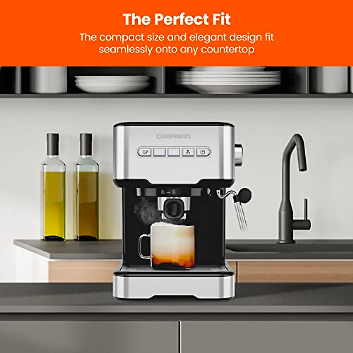 Chefman 6-in-1 Espresso Machine with Steamer, One-Touch Single or Double Shot Maker, Coffee Cappuccino Machine, Latte Built-In Milk Frother Stainless Steel
