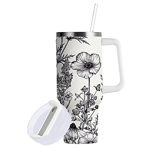 KEEPREAL 40 oz Black and White Flowers Tumbler with Handle, Insulated Sports Water Bottle with Lid and Straw, Thermal Stainless Steel Travel Coffee Mug Cup #230