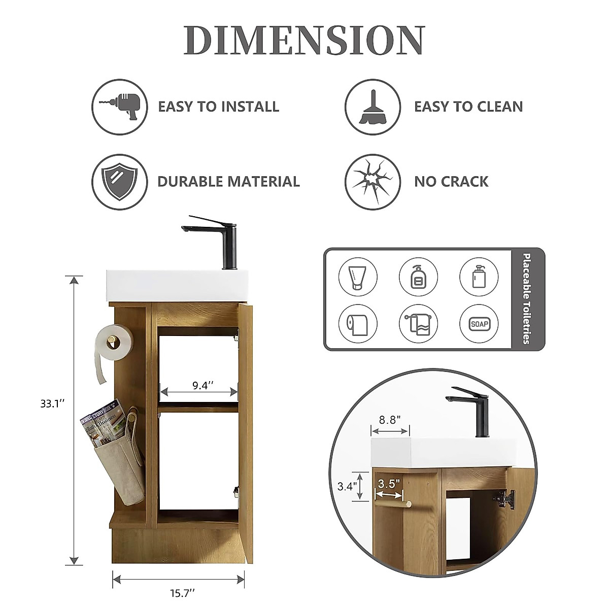 JINDOLI 16“ Bathroom Vanity Sink Combo for Small Space, Modern Floor-standing Small Bathroom Vanity with Sink, Small Bathroom Sink Cabinet Set with 2 Toilet Paper Holders, Snaefell Oak