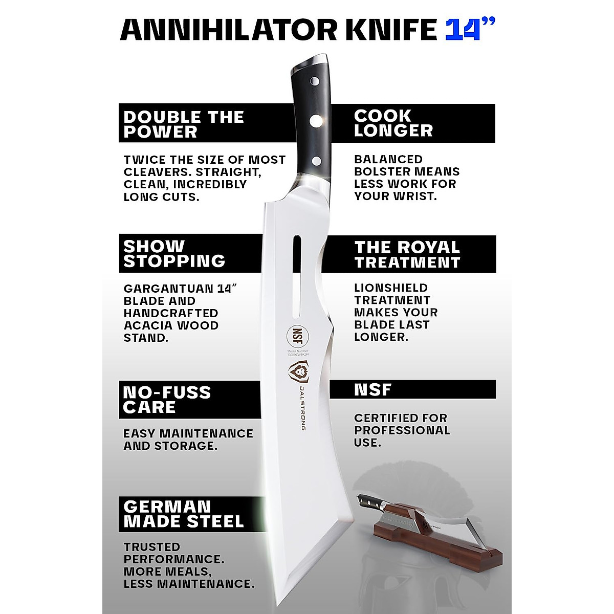 Dalstrong Heavy Duty Butcher Breaking Knife - 14 inch Cleaver Knife - Gladiator Series R - The 'Annihilator' - 7CR17MOV High Carbon Steel - Razor Sharp - G10 Handle - w/Stand & Sheath - NSF Certified