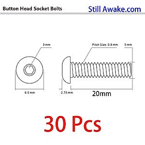 30 Pcs M5-0.8x20mm Button Head Socket Cap Screws, Stainless Steel 18-8 (304), Bright Finish, Fully Threaded, Allen Hex Button Head Screws (30 Pcs M5-0.8x20mm)