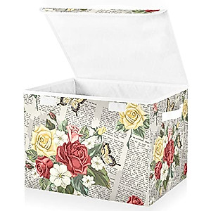 MFTJYO Storage Bin with Lid Vintage Style Roses Foldable Storage Box Washable Fabric Storage Cubes Bin Organizer Basket Closet for Home Bedroom Closet Nursery Office