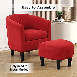 INZOY Modern Accent Chair with Ottoman, Upholstered Barrel Reading Chair with Foot Rest, Comfy Fabric Armchairs for Living Room Bedroom Small Spaces, Easy to Assemble (Red)