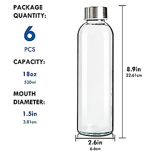 YEBODA Glass Water Bottles 18oz Bottles For Beverage and Juicer Use Stainless Steel Caps - Including Colorful Nylon Protection Sleeve,Pack Of 6