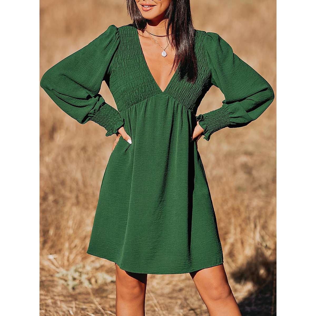 CUPSHE Women's Mini Dress Smocked V Neck Long Sleeve Empire Waist Casual A Line Green Dress