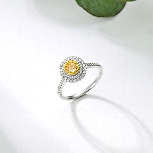 MRENITE Solid 18kt White Gold Genuine Natural Canary Yellow Diamond Ring Classic Oval Halo Cluster Engagement Ring (0.66cttw, FVY Color VVS1 Clarity 0.31ct. Center)