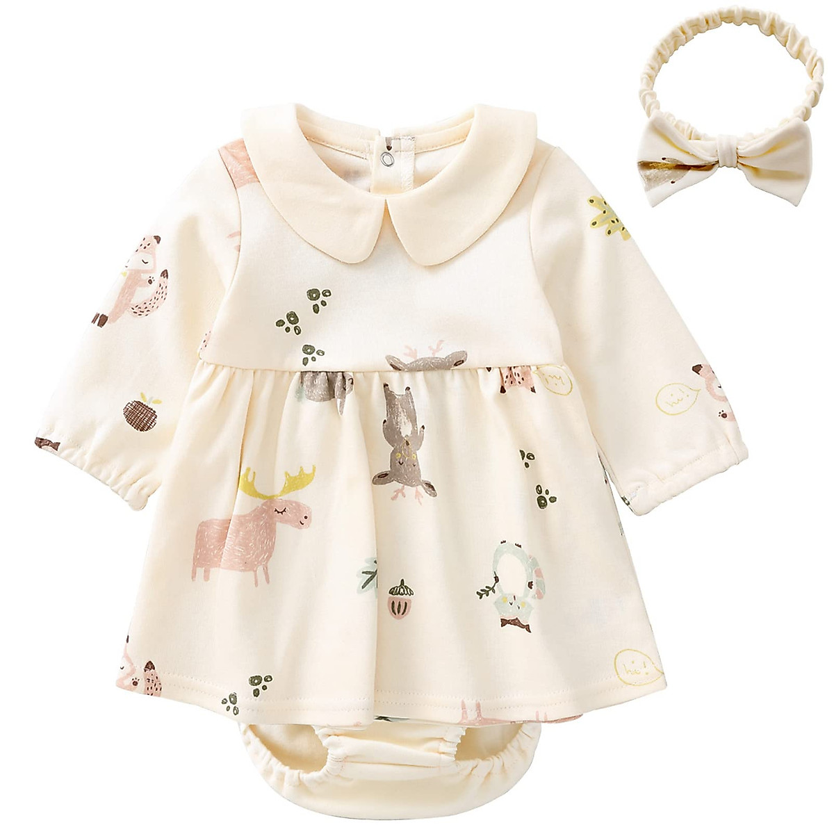pureborn Baby Girl Dress Infant Long Sleeve Peter-pan Collar Spring Fall Cotton Playwear Dresses Beige 0-3 Months